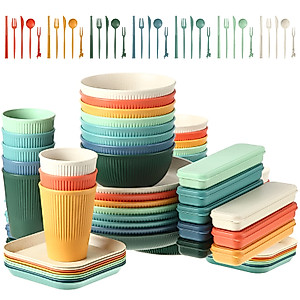 Sets of 8 Wheat Straw Dinnerware (64 Pcs) Microwave Safe Unbreakable Plates Bowls Cups Sets with Cutlery Utensils Colored Lightweight Plastic Dinnerware for Kids Adults Camping Picnic Dorm RV Kitchen