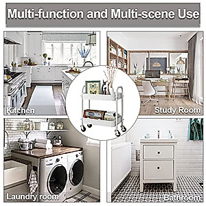 2 Tier All-Metal Rolling Cart,Rolling Storage Cart with Handle and Locking Wheels Kitchen Cart,Laundry Office Bathroom Storage Organizer Cart with Wheels, White