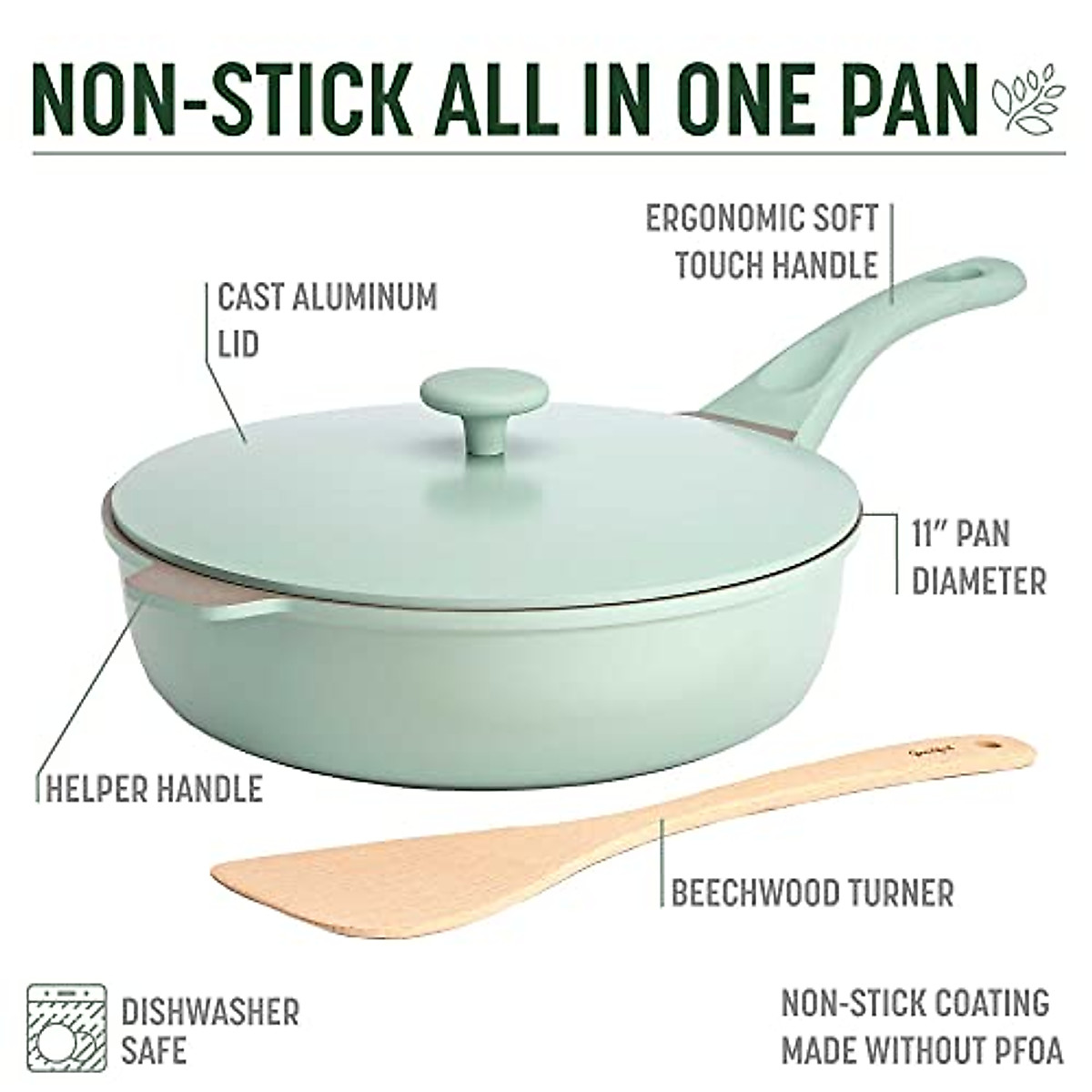 Goodful All-in-One Pan, Multilayer Nonstick, High-Performance Cast Construction, Multipurpose Design Replaces Multiple Pots and Pans, Dishwasher Safe Cookware, 11-Inch, 4.4-Quart Capacity, Sage Green