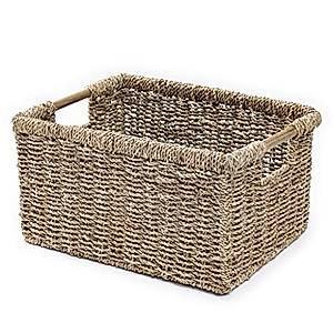 Teri Tale Seagrass Storage Baskets with Wooden Handles, Rectangular Wicker Baskets for Organizing - Decorative Wicker Storage Basket for Living Room (Large)