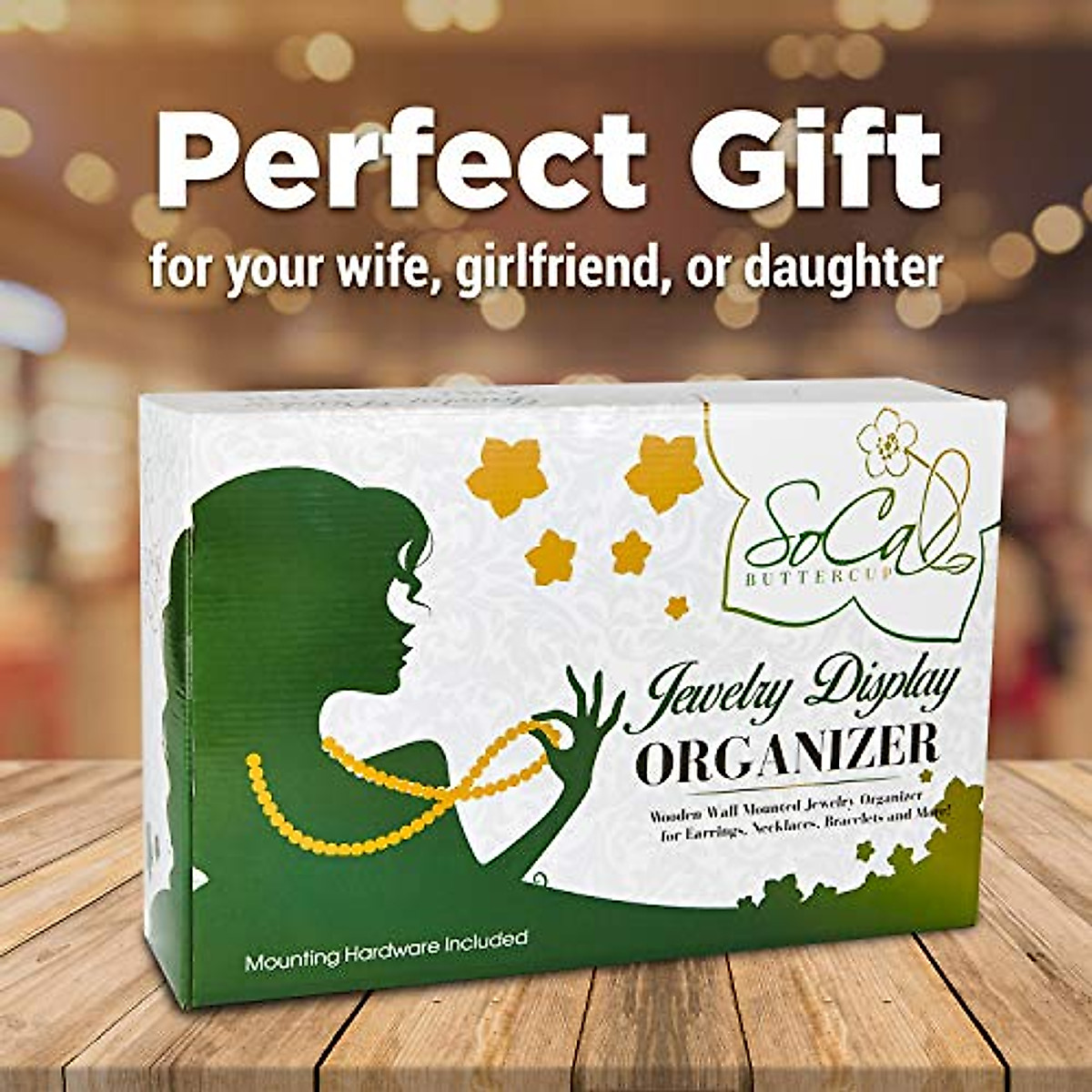 SoCal Buttercup Rustic Jewelry Organizer with Bracelet Rod Wall Mounted - Wooden Wall Mount Holder for Earrings, Necklaces, Bracelets, and Many Other Accessories