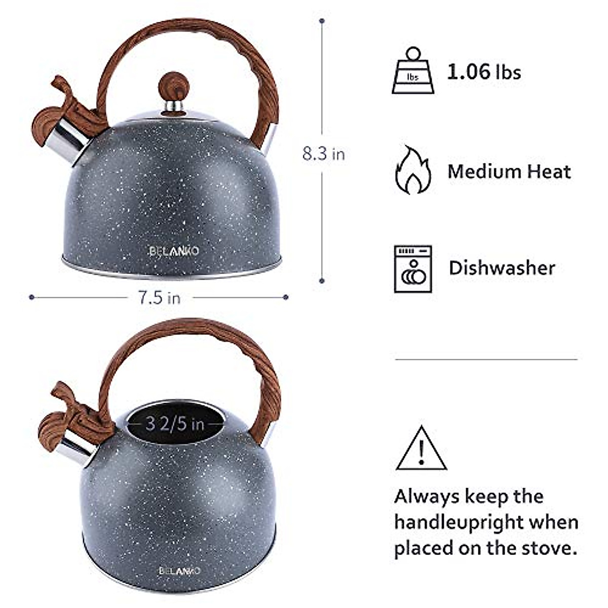 Tea Kettle, 2.3 Quart / 2.5 Liter BELANKO Stainless Steel Tea Kettles, Food Grade Stovetops Tea pot with Wood Pattern Handle Loud Whistling for Tea, Coffee, Milk etc, Gas Electric Applicable - Gray