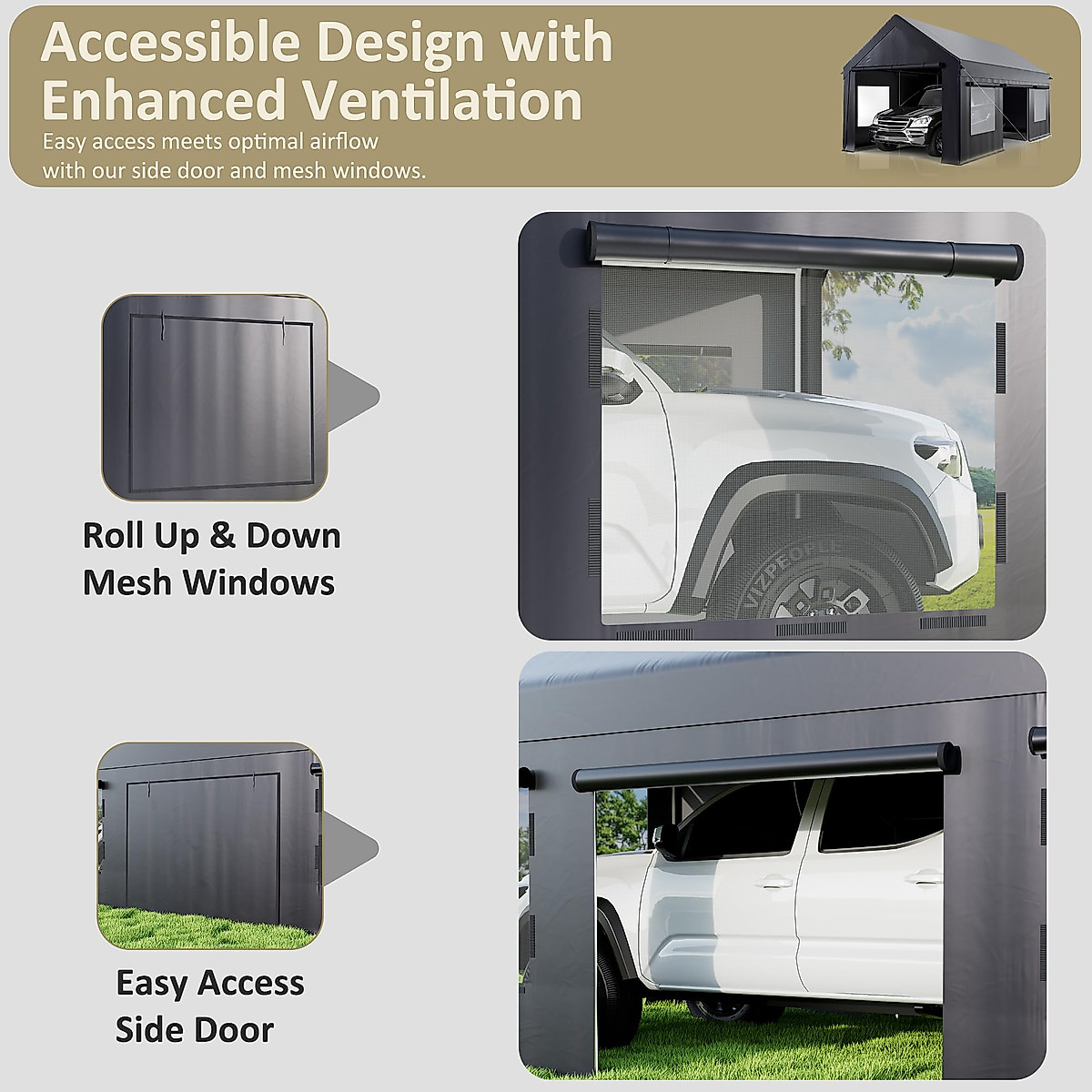 AirWire Carport 12' x 20' Heavy Duty Portable Garage, Carport Canopy with Side-Opening Door & Roll-Up Windows, Car Canopy Reinforced Four-Hole Base for Car, Truck, Boat, Party, Black