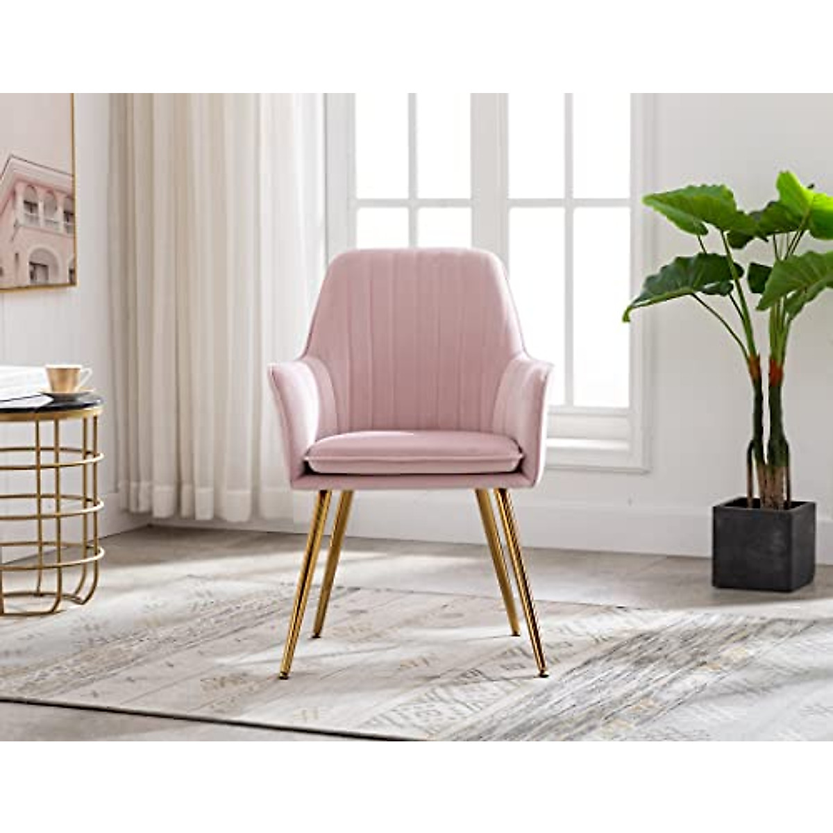 Artechworks Accent Living Dining Room Velvet Arm Chair Club Leisure Guest Lounge Bedroom Upholstered Chair with Gold Metal Legs, Pink