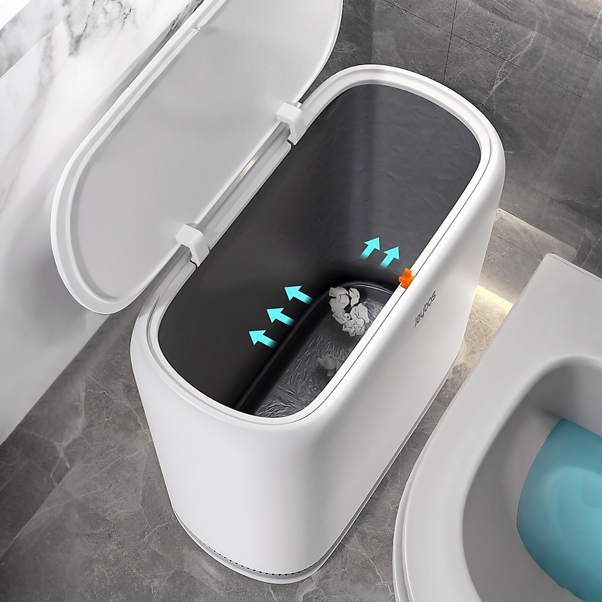 JOYBOS Bathroom Trash Can, Small Dogproof Garbage Can with Lid 14 Liter Slim Plastic Bin 4 Gallon Waste Basket for Bedroom Office Trashcan RV Narrow Place,White (L)