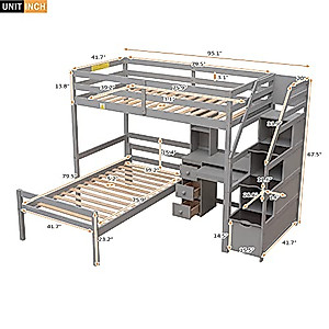 ODC Twin Over Twin Bunk Bed with Desk,Multifunctional Twin Size Loft Bed with a Platform Twin Bed and Storage Staircase, Solid Wood Loft Bed Frame with Shelves/Drawers for Kids Teens Adults