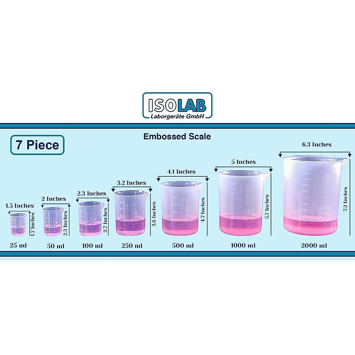 ISOLAB 026.01.S01.Set4 7 Pieces Premium Laboratory Plastic Beaker Set, High Clarity, Polypropylene, Raised Graduations, Autoclavable, 25 mL, 50 mL, 100 mL, 250 mL, 500 mL, 1000 mL, 2000 mL