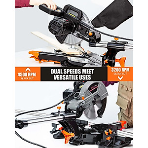 DWT Sliding Compound Miter Saw with 3 Blades, 15A 10", Double Speed (4500 RPM & 3200 RPM), Bevel Cut (0°-45°) with Laser, Extension Table, Iron Blade Guard, Cutting Wood, PVC or Soft Metal