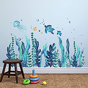 5 Sheets 3D Under The Sea Seaweed Wall Decals Sea Turtles Wall Stickers Ocean Grass Jellyfish Fish Removable Vinyl Wall Sticker for Kids Baby Bedroom Bathroom Living Room Wall Decor (Classic Style)