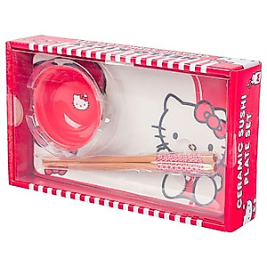 Silver Buffalo Sanrio Hello Kitty Red and White Bow Ceramic Sushi Set with Dipping Sauce Dish and Matching Chopsticks