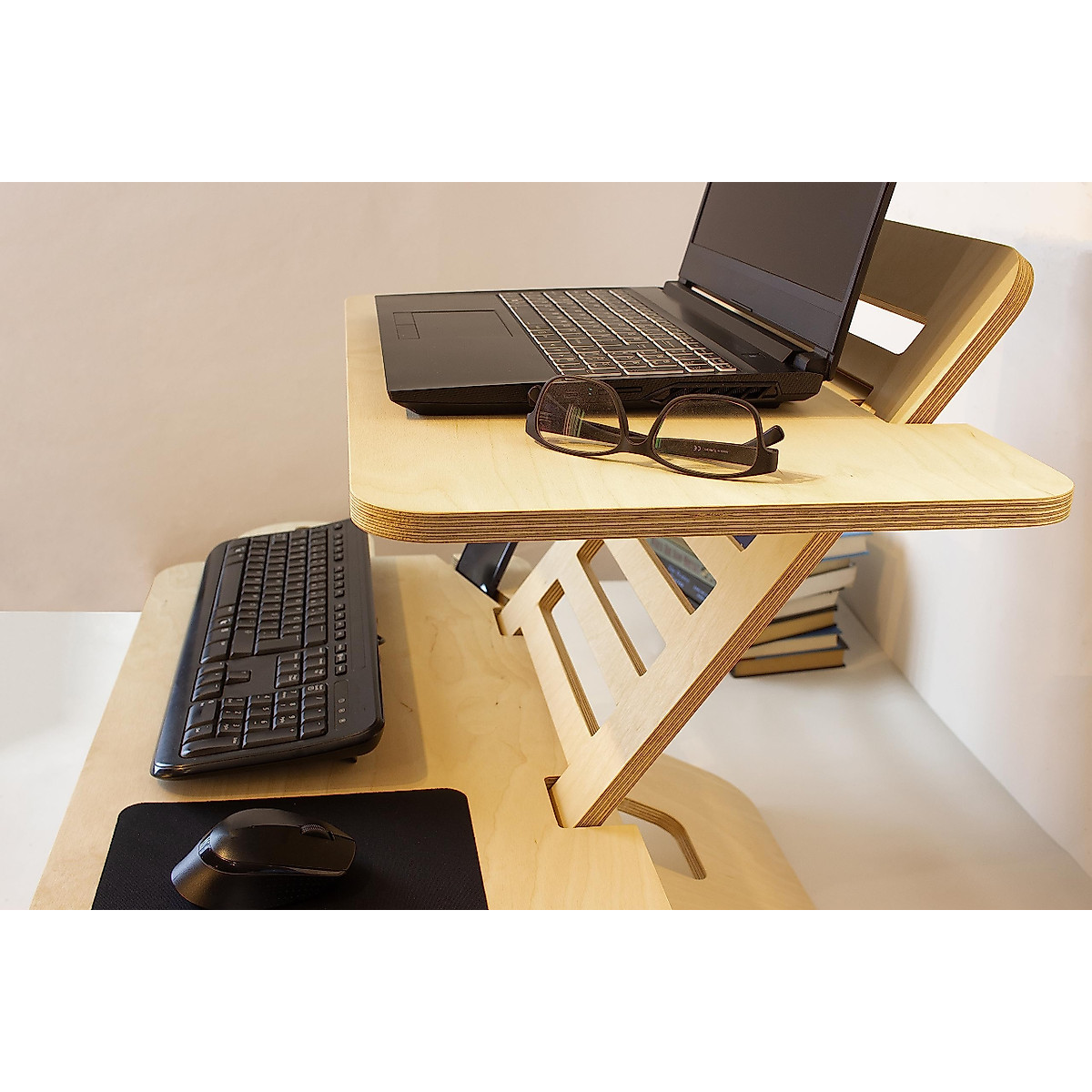 WOODCHES Adjustable Jumbo Wood Laptop Stand, Standing Desk Converter, Workstation Deskstand, Handmade Birch Plywood Tabletop, Home Office