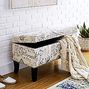 FIRST HILL FHW Dream Lift-Top Storage Ottoman Bench with Fabric Upholstery,Brown Script