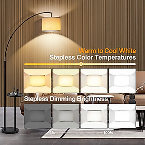 OUTON Arc Floor Lamp with Table and Marble Base, 81" Height LED Dimmable Floor Lamp with Remote & 4 Color Temperature, Tall Standing Lamp with Adjustable Hanging Drum Shade for Living Room, Bedroom