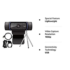 Logitech Webcam C920 HD Pro Bundle with Tripod, Privacy Shutter & Cleaning Cloth - Privacy Cover Computer Webcam Microphone - 1080p Streaming Wide Angle Video Camera - 1080P Desktop Web Camera
