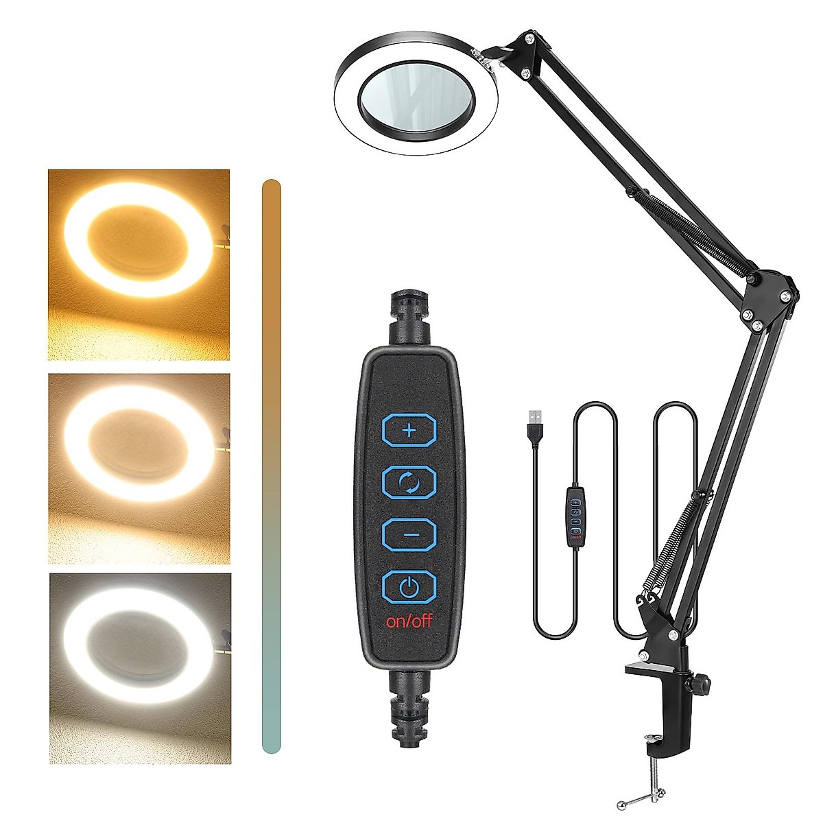 Magnifying Glass with Light and Stand, LAKIX 10X Lighted Magnifying Glass with 72 LED Lights, 3 Color Modes Lighted Magnifier & Adjustable Arm for Reading, Craft, Painting and Close Work (Black)