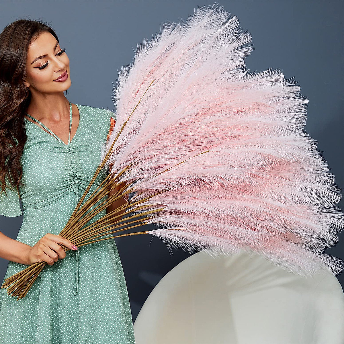 FOTEEWL 8 PCS Faux Pampas Grass Decor 38"/3.1FT Tall Fake Pompas Floral Large Artificial Pompous Grass Branches Plants for Floor Vase Filler Home Boho Decoration (Pink)