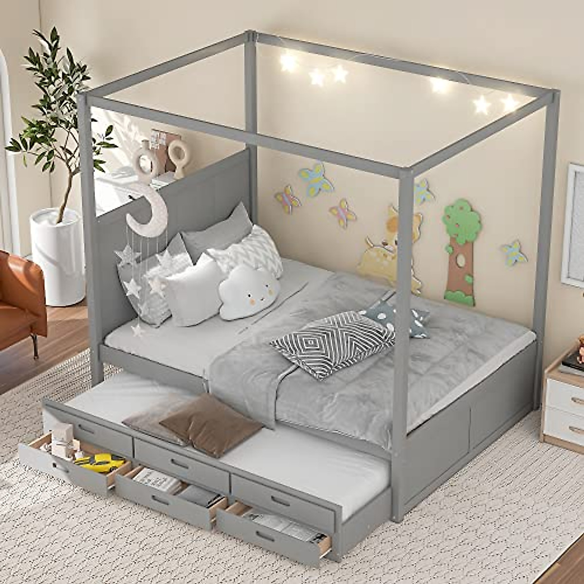 LZ LEISURE ZONE Queen Size Canopy Platform Bed, Wood Queen Size Canopy Bed with Twin Size Trundle and 3 Storage Drawers, Grey