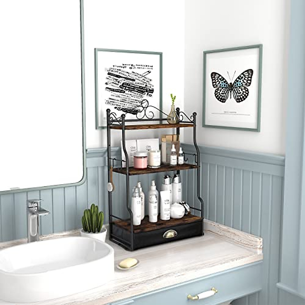 Jautokerdar Wall Mounted Bathroom Shelves with Drawer, 3 Tier Hanging Storage Rack with Foldable Towel Bar, Towel Holder Floating Organizer Shelves with Hook