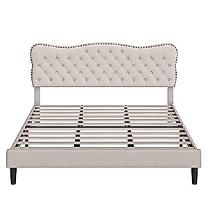 HOSTACK King Size Bed Frame, Linen Fabric Upholstered Platform Bed Frame with Adjustable Headboard, Diamond Tufted Mattress Foundation with Wood Slats, Easy Assembly, No Box Spring Needed, Beige