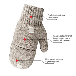 Illinois Glove Company 360M Ragg Wool Glomitt Flip Mitten 3M Thinsulate Lined Soft Leather Grip Palm Woman's Medium Tan, Soft Leather Palm for Grip, Elastic Wrist