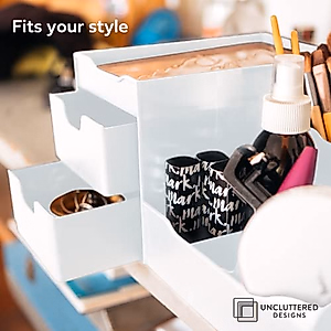 Uncluttered Designs Makeup Organizer With Drawers — Modern Countertop Storage for Cosmetics — Chic Vanity Holder for Perfume, Skincare, Brush, Lipstick, Nail Polish Organization and Display (White)