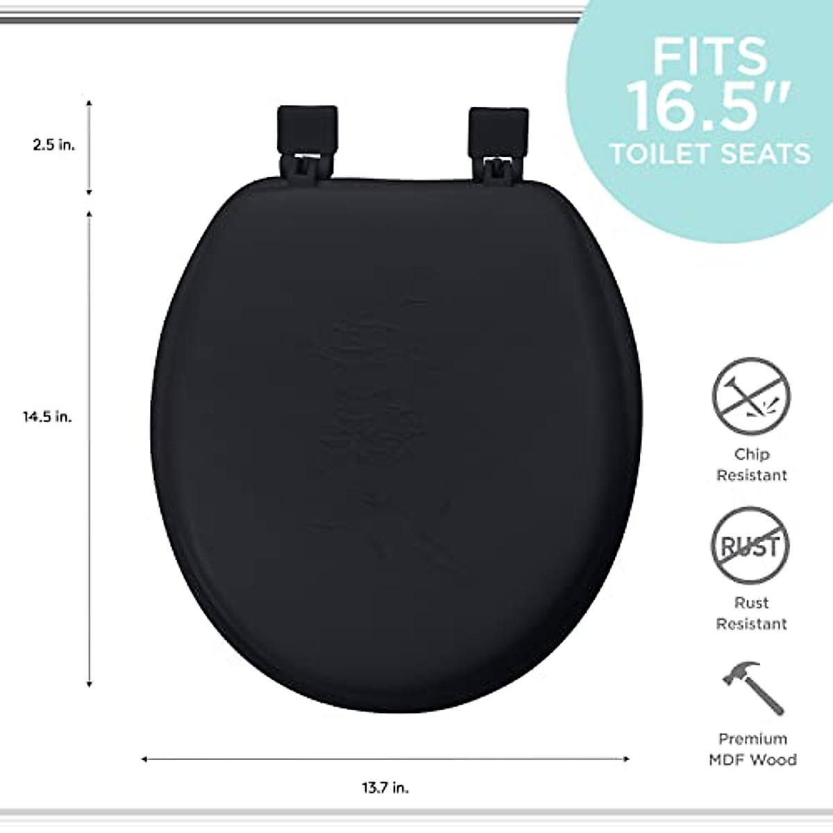 Bath Bliss Extra Soft Standard Round Toilet Seat | Decorative Vinyl Lid | Fits 16.5” Seats | Adjustable Quick Screw Attach Non-Slip Hinges | Bathroom | Black