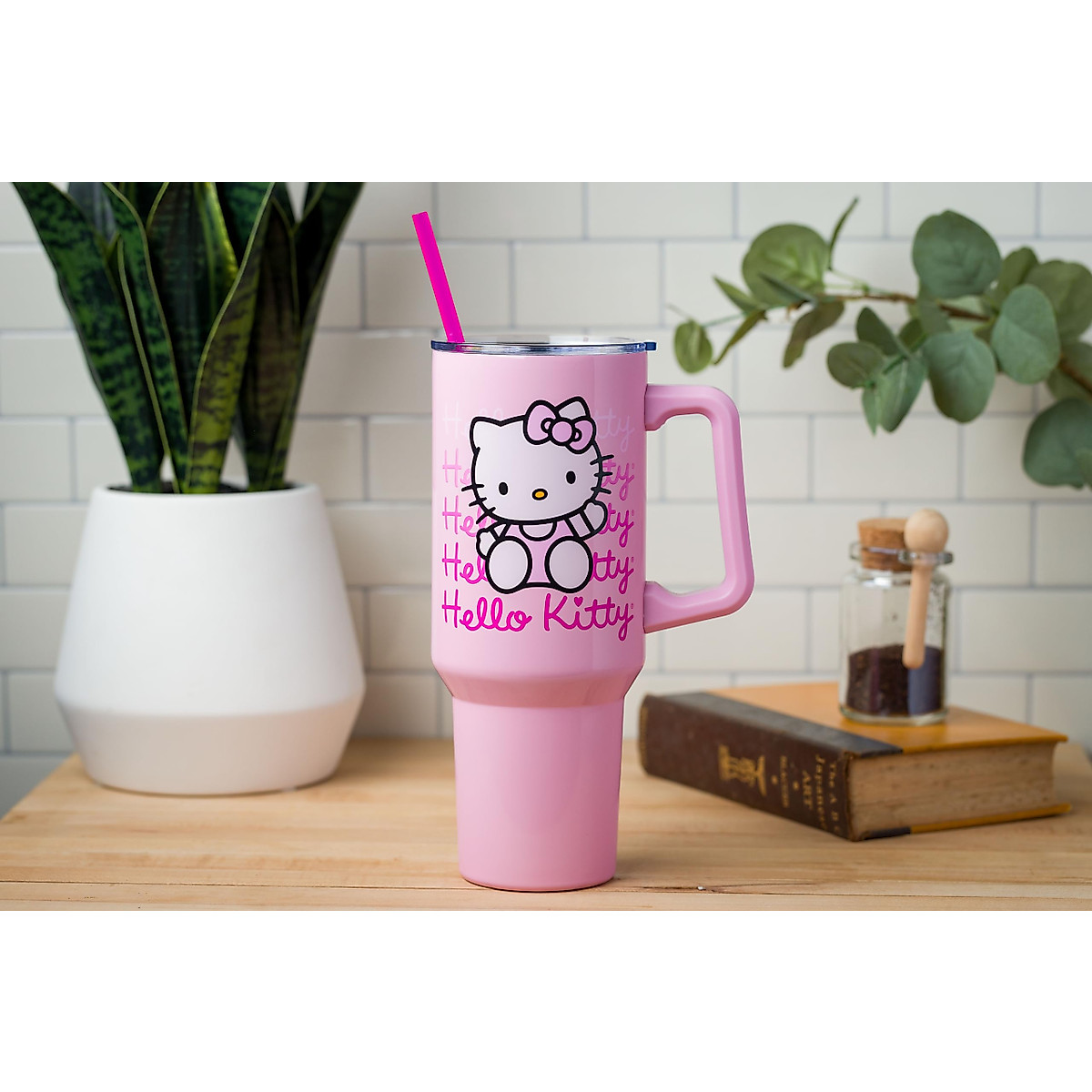Silver Buffalo Sanrio Hello Kitty Waving Stainless Steel Tumbler with Handle and Straw, Fits in Standard Cup Holder, 40 Ounces