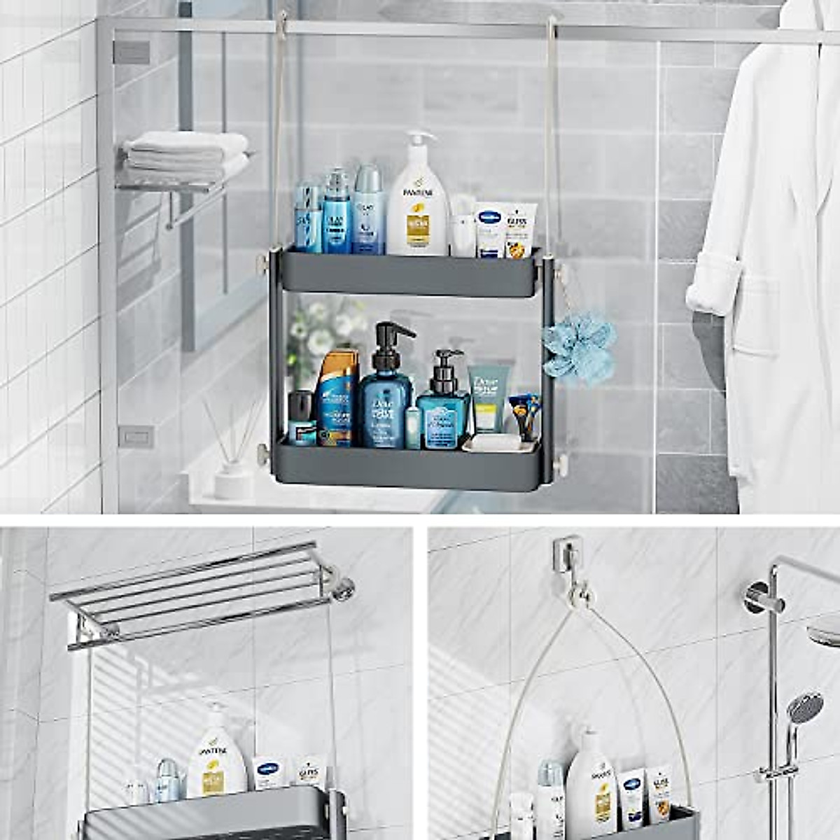 ADOVEL Shower Caddy Hanging, 2 in 1 Shower Caddy Over Shower Head/ Door, Sturdy Bathroom Shelf Organizer with Adjustable Height, Never Rust, No Drilling, 4 Suction Cups (Grey)