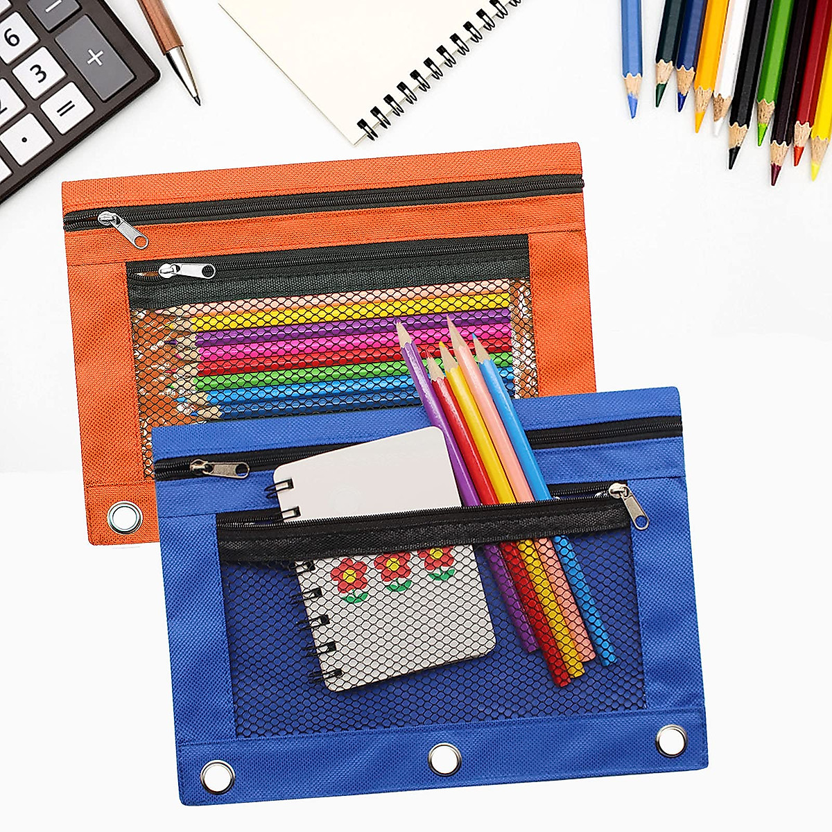 Cinvo Pencil Pouch 3 Ring Binder Pouch Zippered Pencil Case Canvas Pencil Bag with 2 Compartments (Set of 2, Blue and Orange)