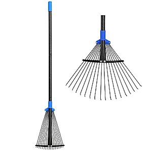 Adjustable Metal Leaf Rake Long Handle, Garden Rakes for Lawns Heavy Duty Leaves with Expandable Head 8-17", Yard Women Kids Rake for Gardening RV Camping