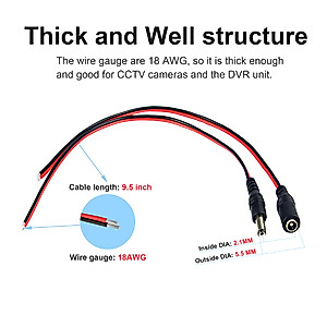 UltraPoE DC Power Cable Connectors 18AWG Copper Strands 12V 5A Plugs Male Female DC Connectors, for CCTV Security Camera Pigtail and Lighting Power Adapter (2.1mm x 5.5mm 10 Pairs Ultra Thick)