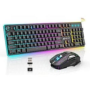 A.jAZZ Wireless Gaming Keyboard and Mouse Combo,Full Size 12 RGB Chroma Backlit Keyboard,Rechargeable 4200mAh Mechanical Feel USB/Type-C Dual Receiver Silent Mice,for PC,Mac,Laptop,PS4,Xbox,Black