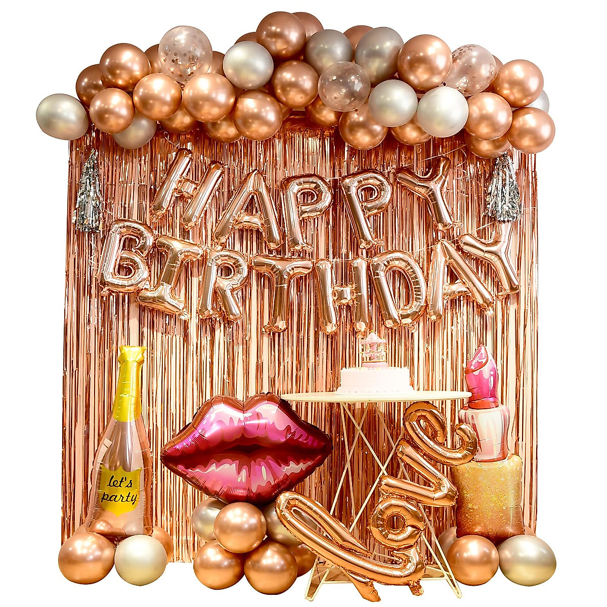Rose Gold birthday decorations for women ，happy birthday party decorations for girls，Rose Gold Fringe Curtain，happy birthday banner，happy birthday balloon，happy birthday balloon letters