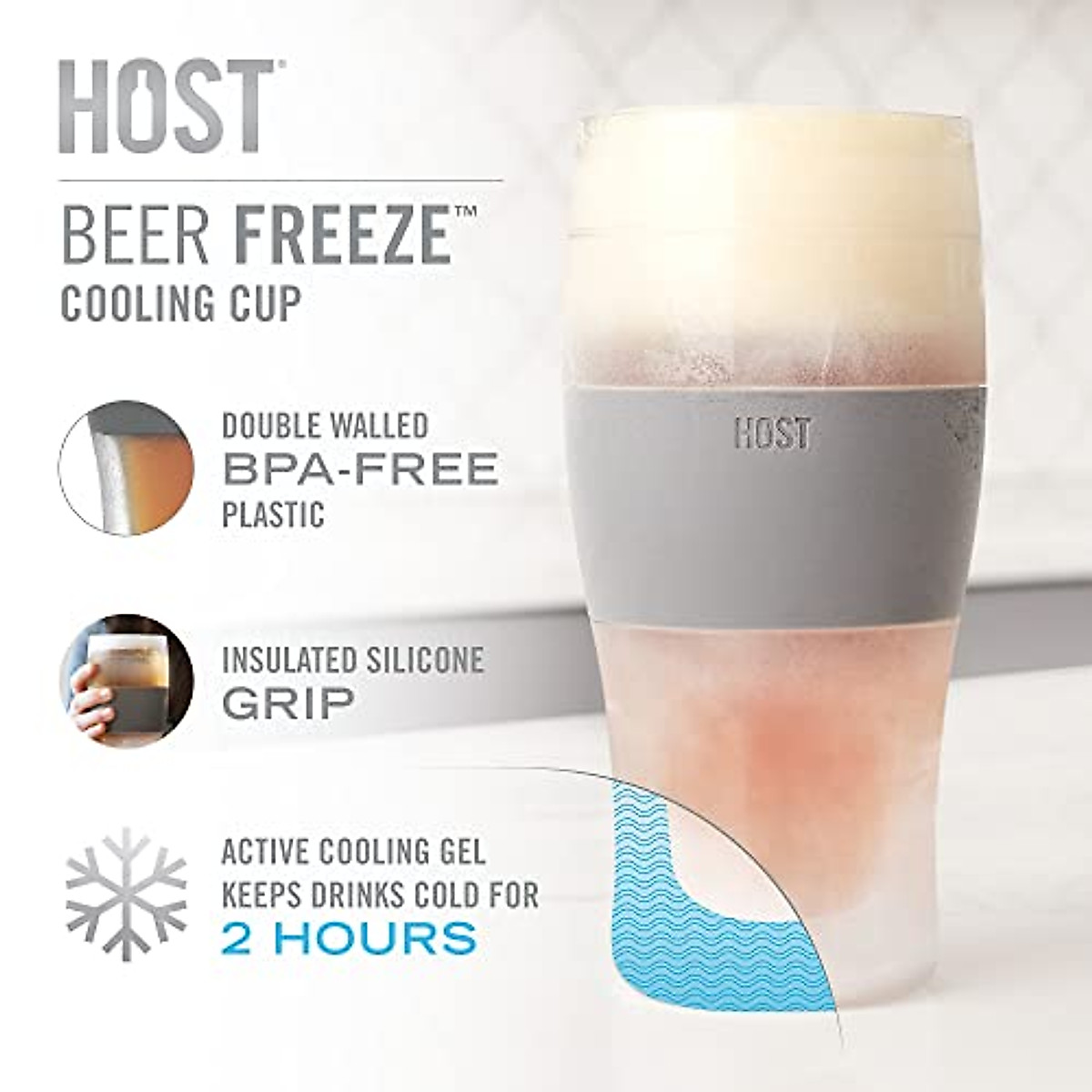 Host FREEZE Beer Glasses, Frozen Beer Mugs, Freezable Pint Glass Set, Insulated Beer Glass to Keep Your Drinks Cold, Double Walled Insulated Glasses, Tumbler for Iced Coffee, 16oz, Set of 2, Wood