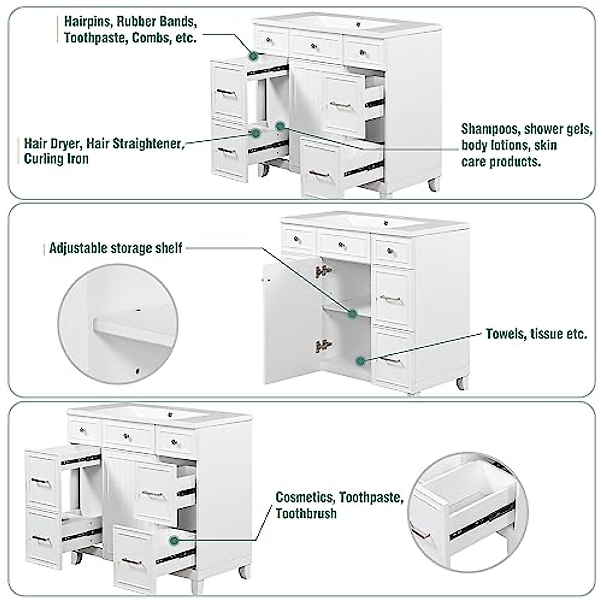 CuisinSmart 36" Bathroom Vanity Cabinet,White Modern Bathroom Vanities Sink Combo,Ample Storage Space Vanity with Sink and Countertop with 3 Drawers and 1 Door,18 x 36 x 34 (Without Faucet)