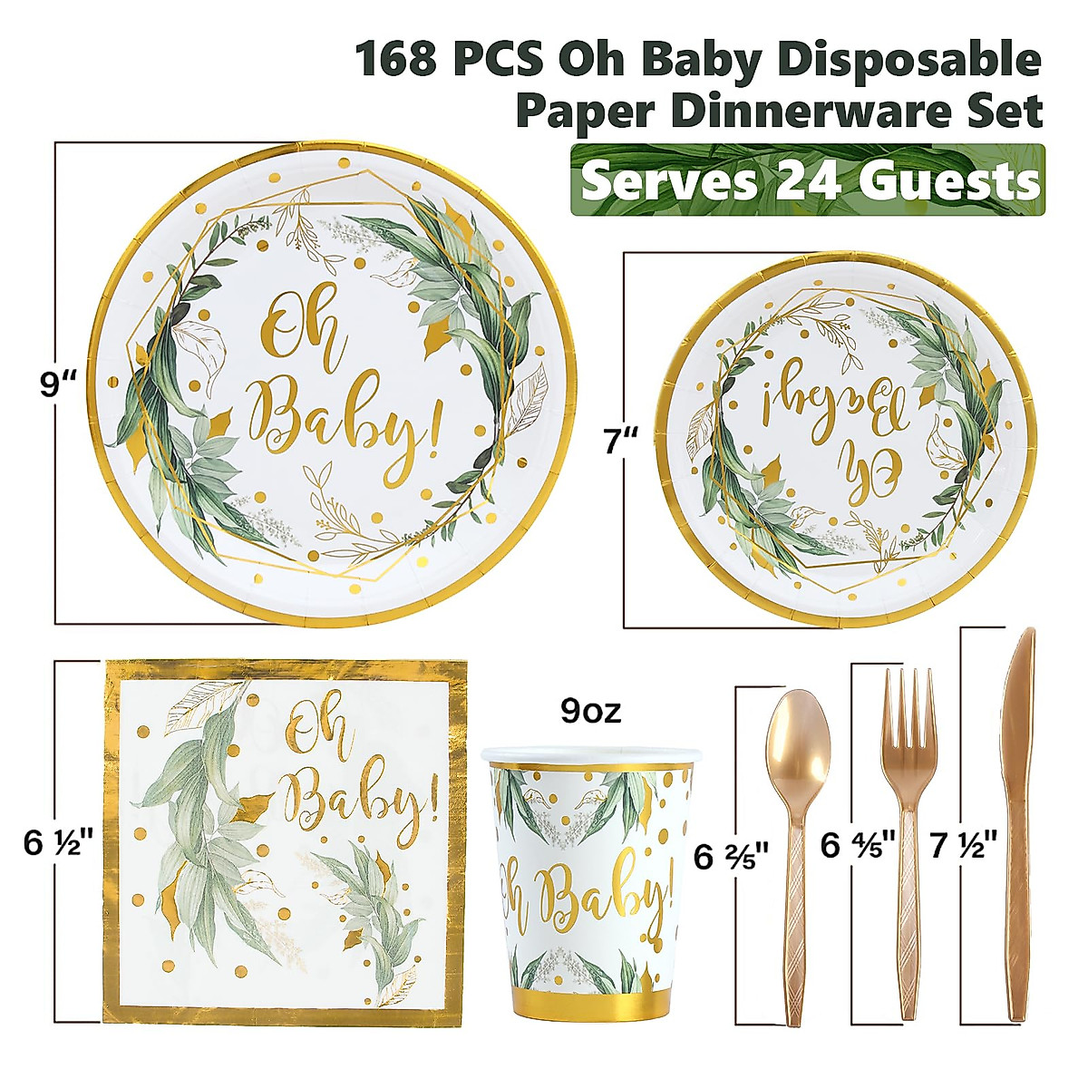 Sage Green Baby Shower Decorations, Oh Baby Theme Neutral Party Tableware Set ; 9" Plates, 7" Plates, Napkins, Cups and Utensils- Floral Gender Reveal Party Supplies for boys & girls -Serve 24
