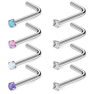 Ruifan 18G 316L Surgical Steel 1.5mm Mix Color Opal & Clear CZ Nose L-Shaped Rings Studs Ring Body Piercing Jewelry 8PCS