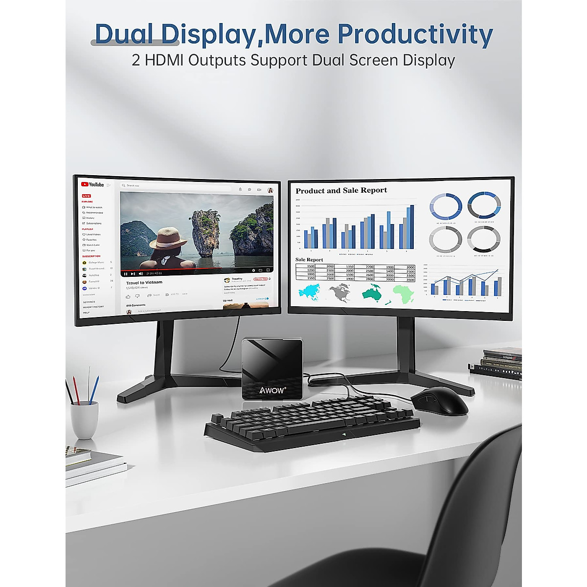 AWOW Mini PC Desktop Computer Intel Celeron J3455 6GB DDR4 128GB SSD/Burst Frequency 2.2 GHz/Dual LAN/ 2.4G+5G Dual Band WiFi/4K /Bluetooth/HDMI/5 USB3.0 Ports Micro PC