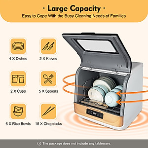 Compact Portable Dishwasher Countertop with 5L Built-in Water Tank and Hybrid Drying Function,360° Streak-Free Deep Cleaning, 3 Washing Programs, Mini Dishwasher for Apartments& RVs