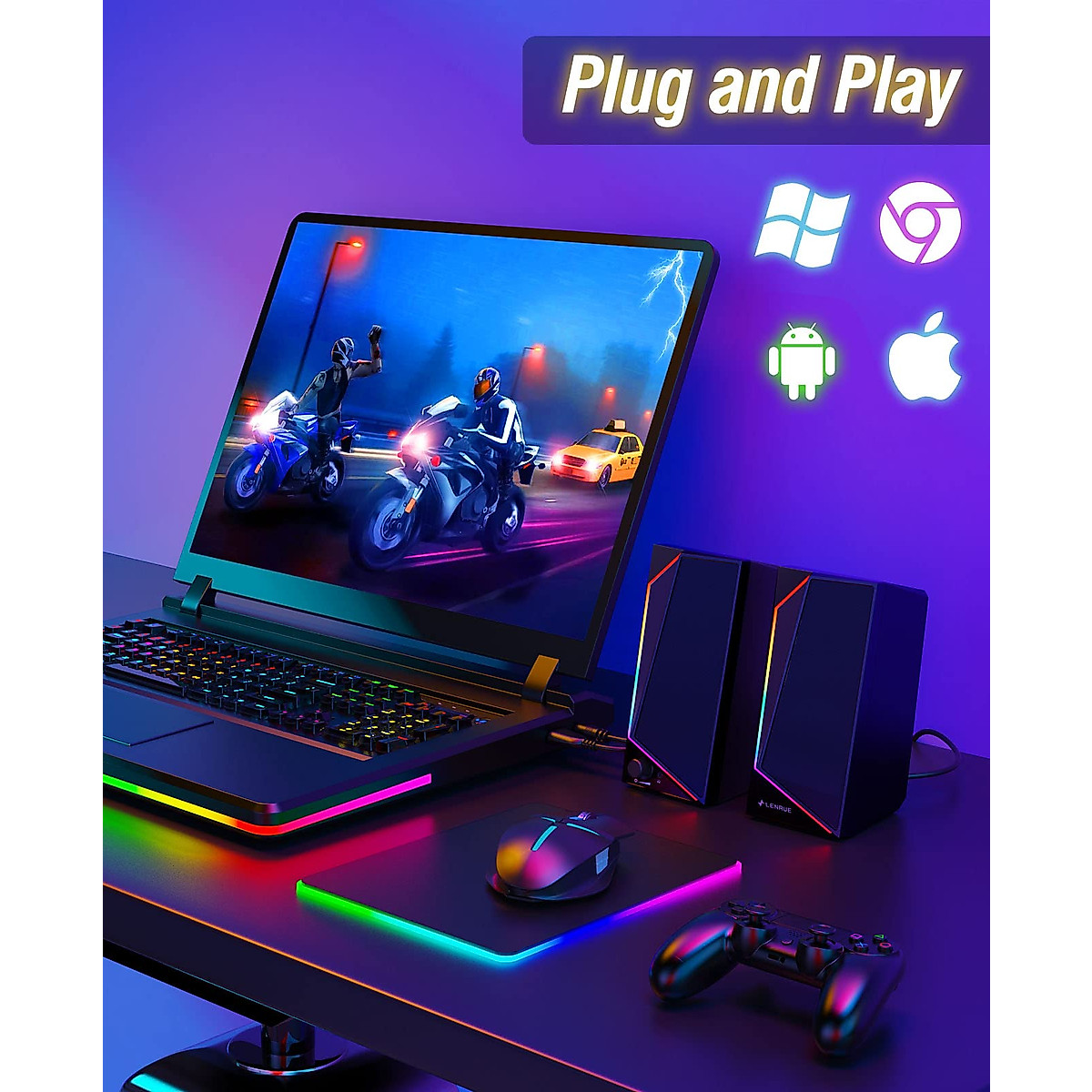 LENRUE Computer Speakers, USB/USB-C Powered PC Speakers with Loud Stereo Sound, Headphone-in for Desktop, iMac, MacBook, Laptop, Monitor (USB-C to USB Adapter Included)