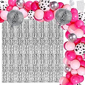 HyDren 95 Pcs Western Disco Party Decorations for Women, Hot Pink Rose Red Silver Cowgirl Balloon Arch 4D Ball Fringe Curtains Theme Last Rodeo Bachelorette Supplies