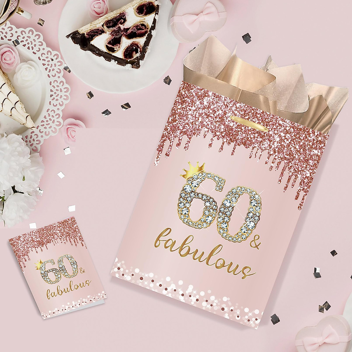 GOLDCROW Rose Gold 60th Birthday Gift Bag for Women with Handles Large Pink Happy 60th Birthday Gift Bag with 60th Birthday Wrapping Paper and Card for 60th Birthday Decorations Party Supplies