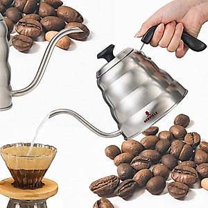 BERTILLE Gooseneck Coffee Kettle Tea Kettle with Thermometer 40 fl oz/1200 ml, premium stainless steel kettle body and ergonomic handle + 1.1 oz coffee bean storage canister(Black)