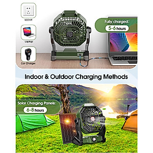 Solar Camping Fan With Solar Panel, 9-Inch Portable Travel Fan With Led Lantern, 10800mAh Rechargeable Fan, Battery Operated Powered Fan,Tent Fan for Camping Tent,Camping Essentials Accessories