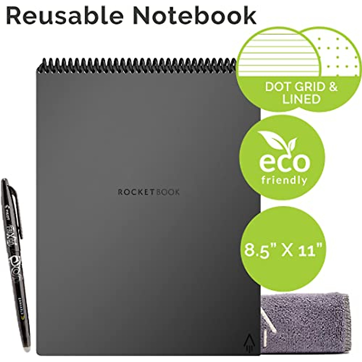 Rocketbook Flip - with 1 Pilot Frixion Pen & 1 Microfiber Cloth Included - Gray Cover, Letter Size (8.5" x 11")