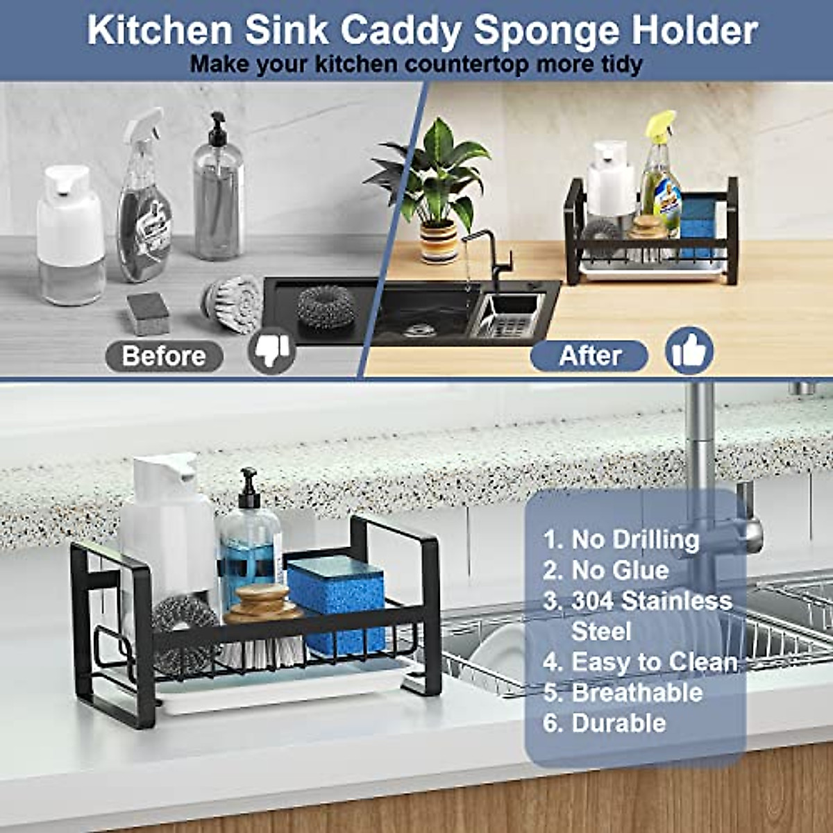 Kitchen Sink Caddy Sponge Holder, 304 Stainless Steel Sink Tray Drainer Rack, Soap Brush Dispenser, Countertop or Adhesive Sponge Holder Organizer for Sponge Dish Brush Soap with Removable Drain Tray