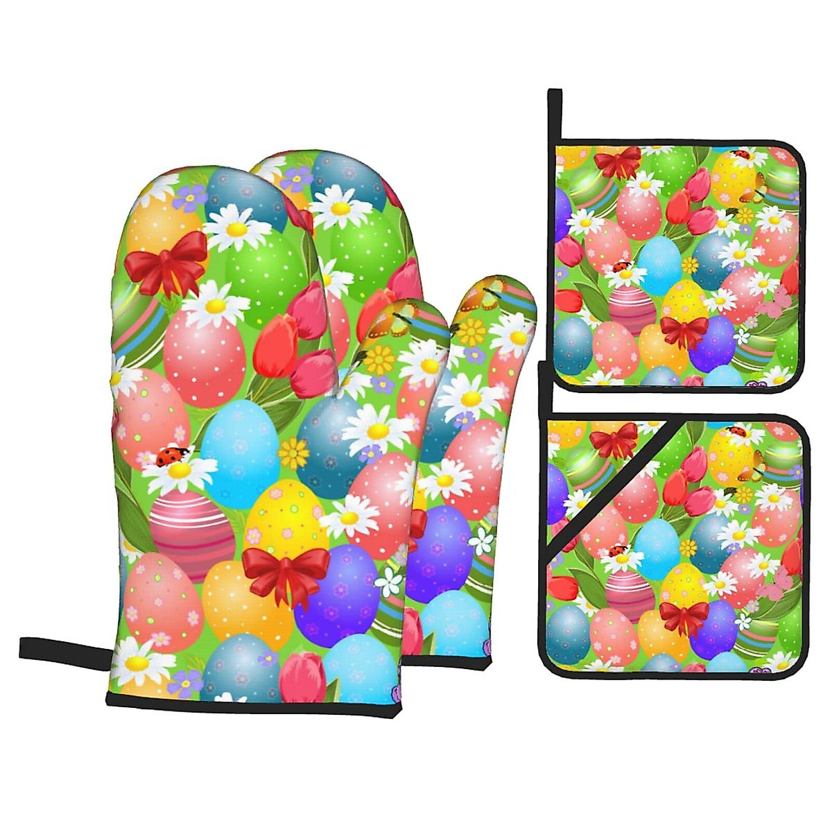 Oven Mitts and Pot Holders Sets of 4, Easter Eggs Tulip Flower Oven Mitts for Kitchen,Cooking,Baking