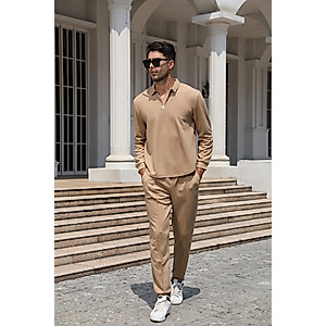 FZNHQL Men's Golf Polo Suits Stylish Athletic Tracksuits Two Piece Casual Long Sleeve Jogging Gym Sweat Suits Outfit for Men Workout Sports Set Khaki Brown XL