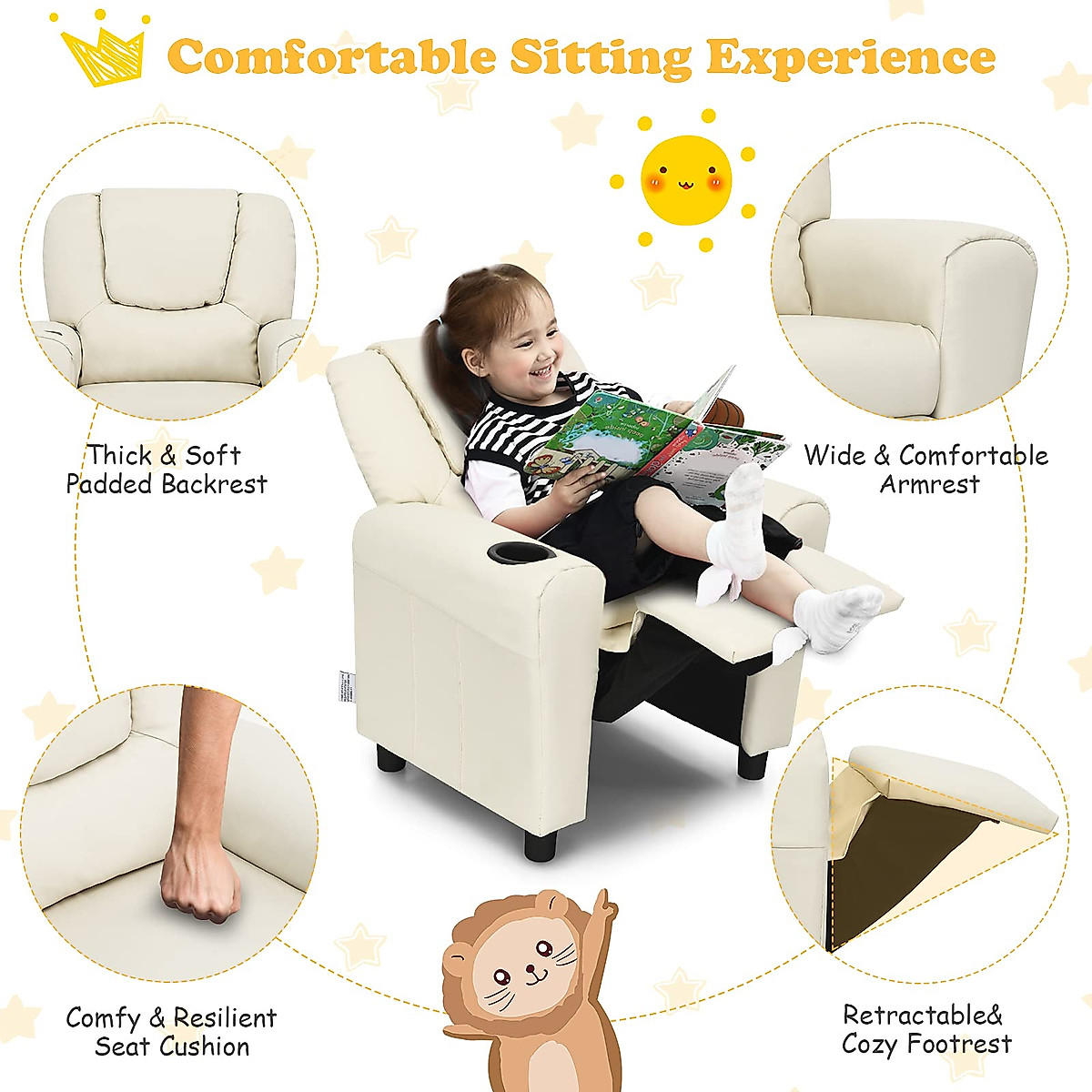 HONEY JOY Kids Recliner, 2-in-1 Toddler Armrest Sofa Couch with Cup Holders, Adjustable Footrest, PU Leather, Child-Size Recliner Chair for Boys Girls Age 3+ (Beige)
