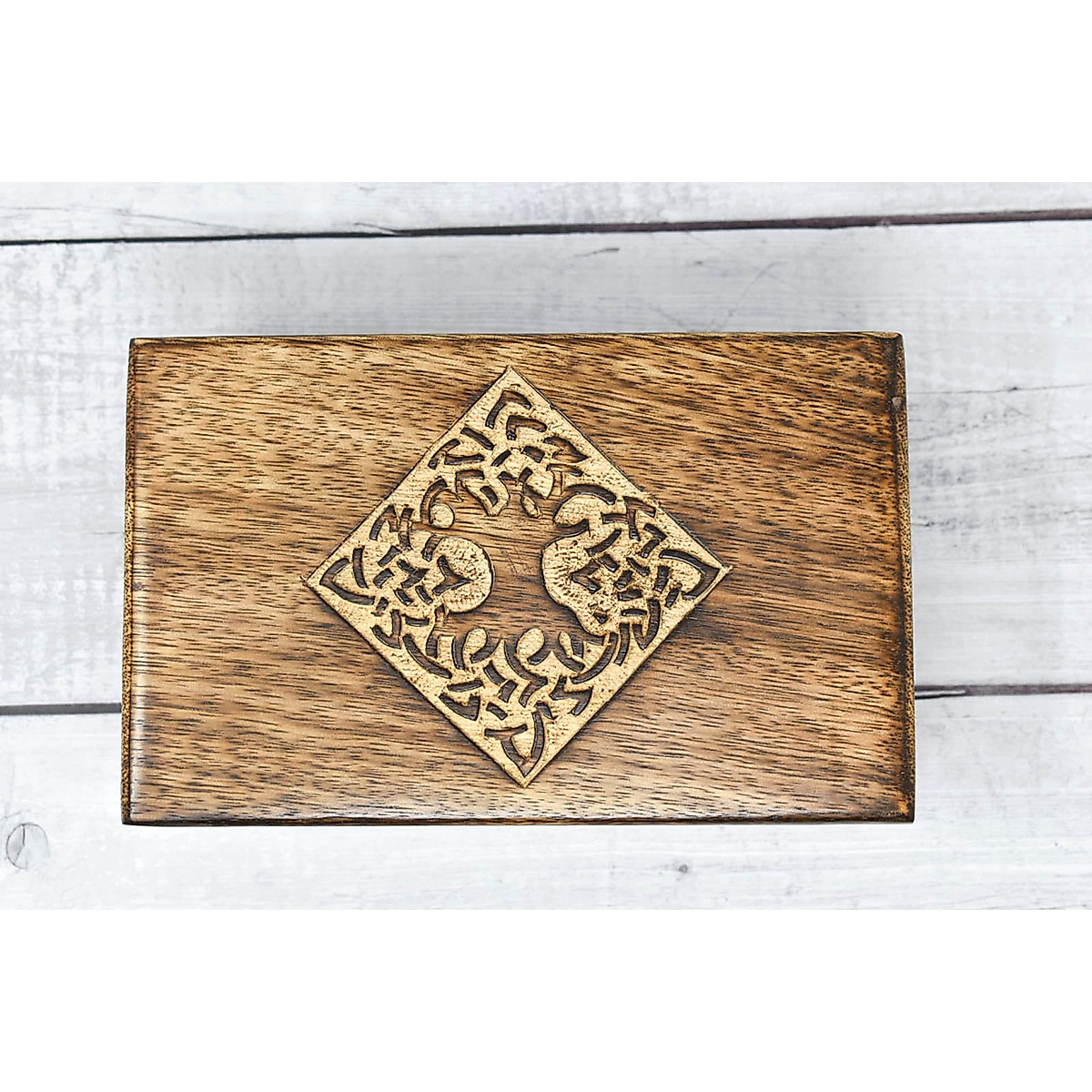 Ajuny Hand Carved Decorative Wooden Jewelry Box Celtic Centre Design Rustic Finish Keepsake Storage Travel Organizer Treasure Chest Trinket Holder Great for Gifts